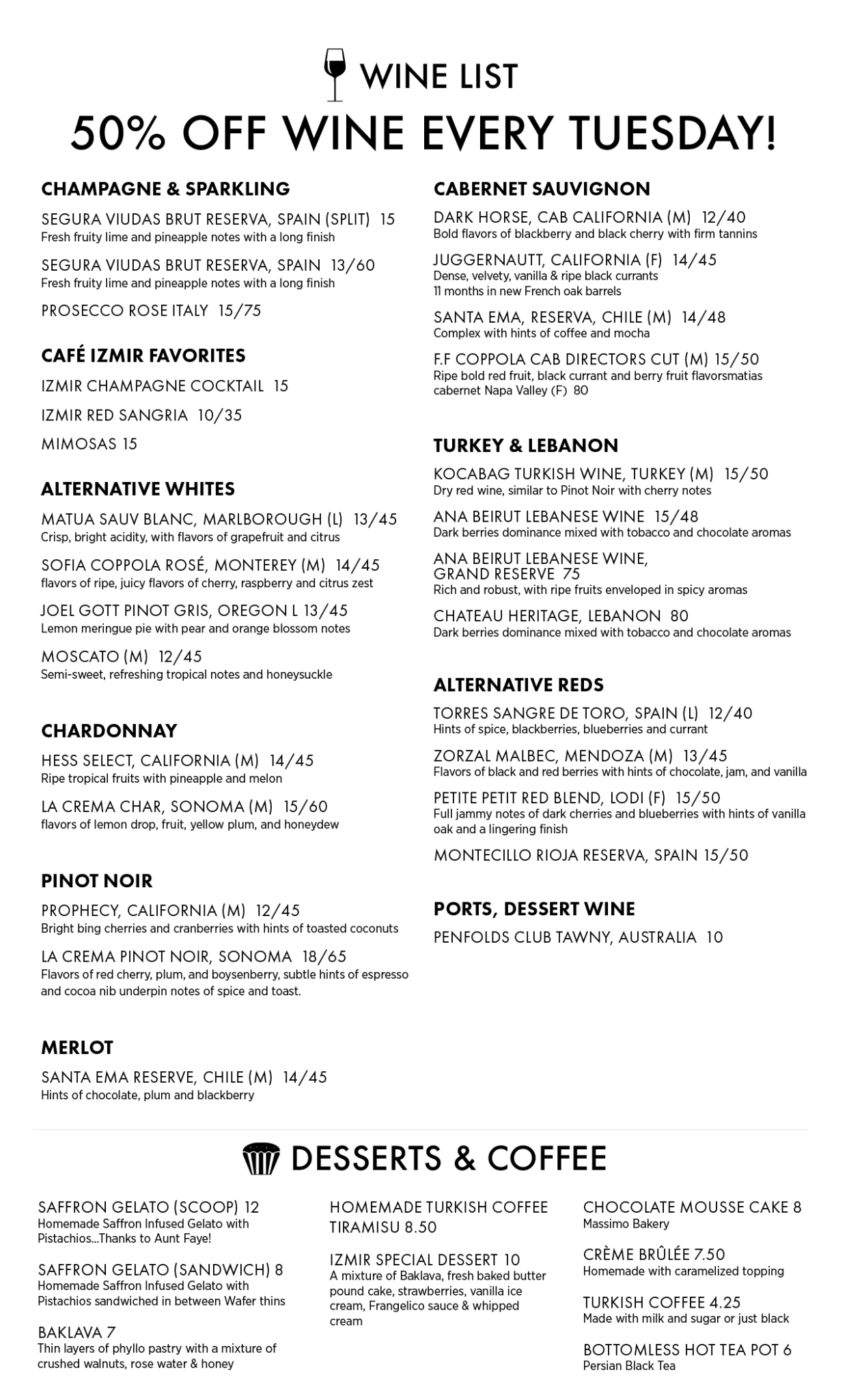 Tuesday’s Menu – Cafe Izmir